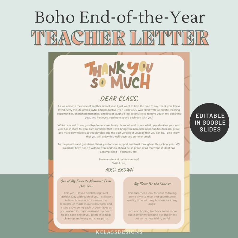 End of Year Teacher Letter | Editable | Mid Century Modern | Boho ...