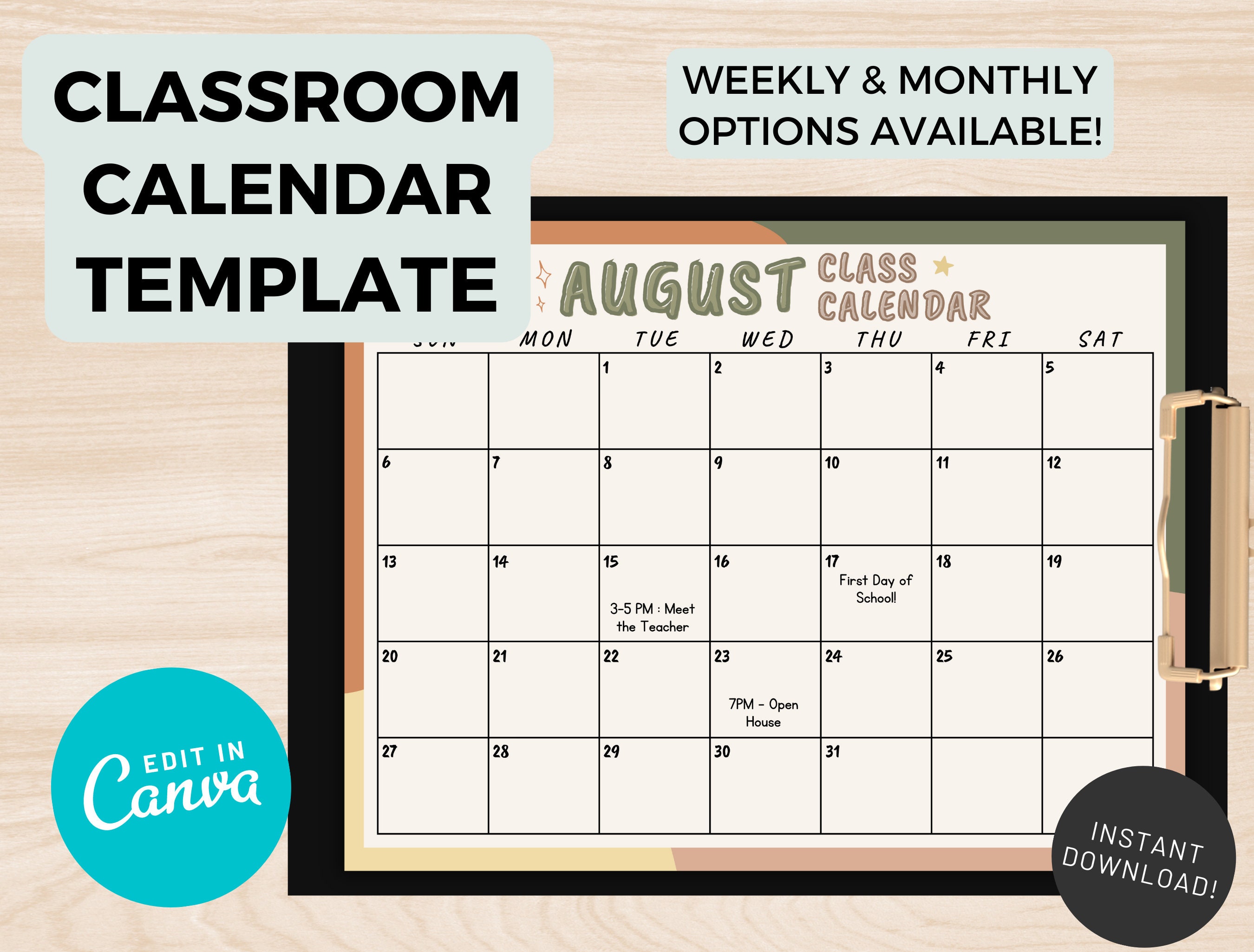 Class Calendar Template | Midcentury Modern | Boho | Customizable ...