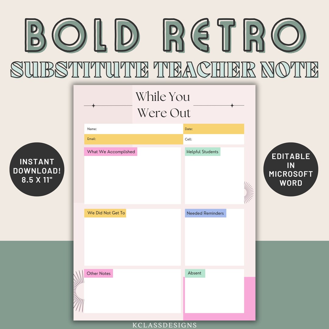 Substitute Teacher Note Retro Bold Printable Substitute Report Back to ...