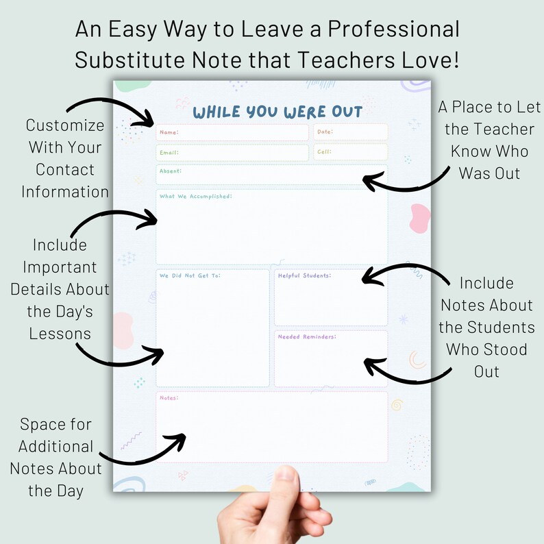Substitute Teacher Note Rainbow Doodles Printable Substitute Report ...