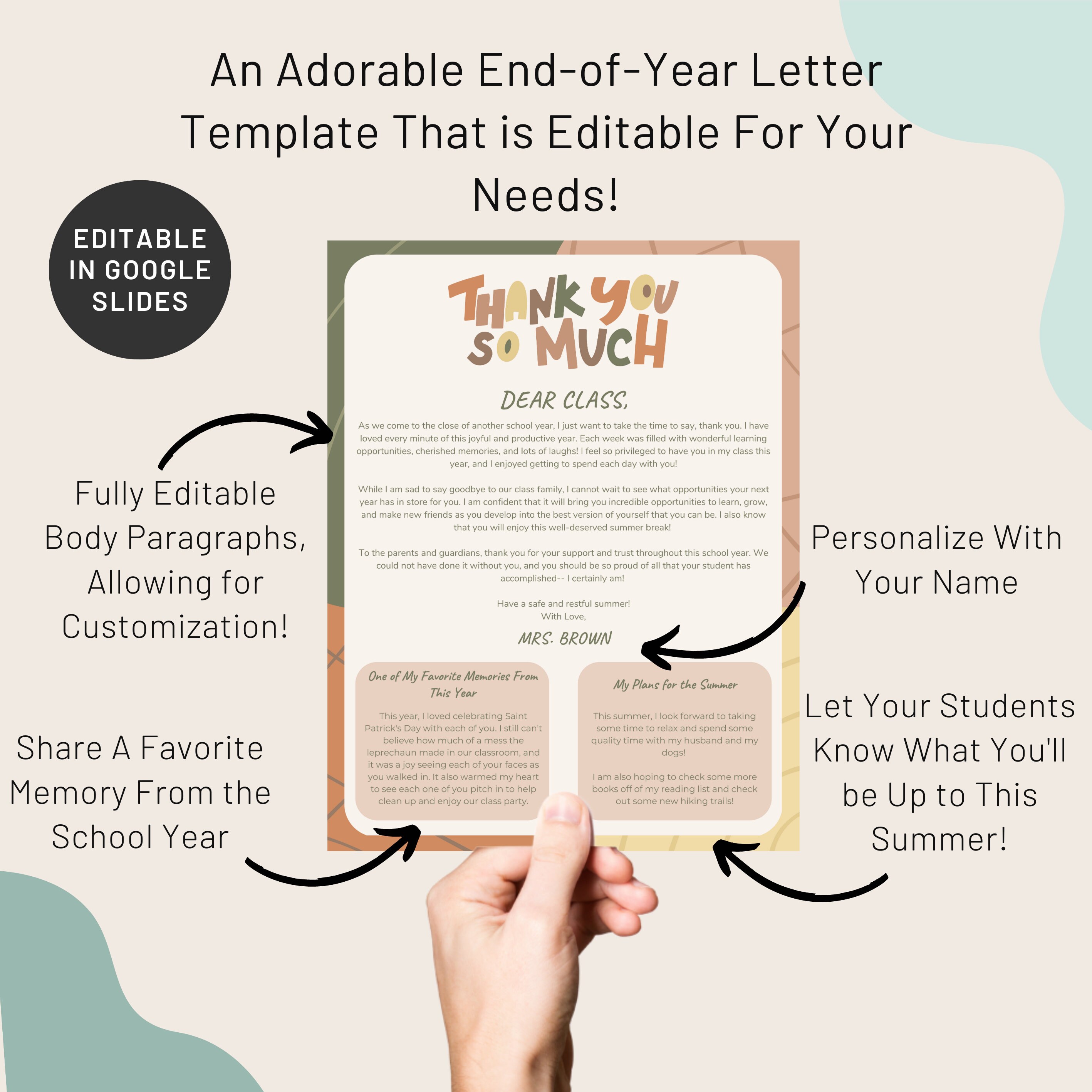 End of Year Teacher Letter Editable Mid Century Modern Boho Printable ...