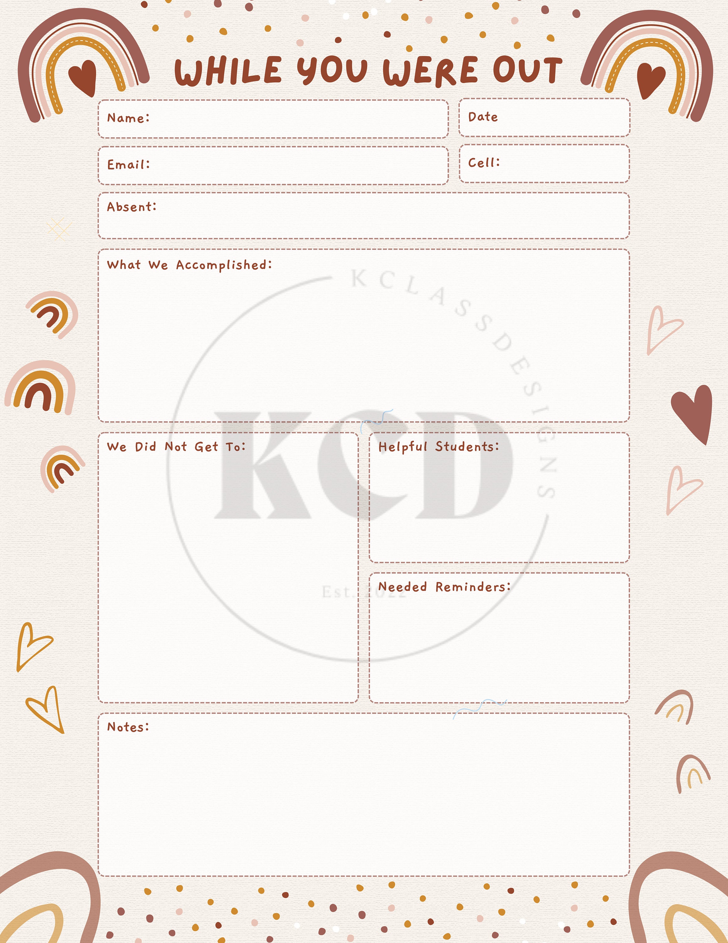 Substitute Teacher Note Boho Rainbow Printable Substitute Report Back ...