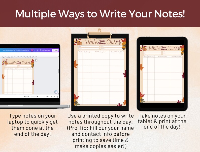 Fall High School Substitute Teacher Note Bundle | Middle School ...