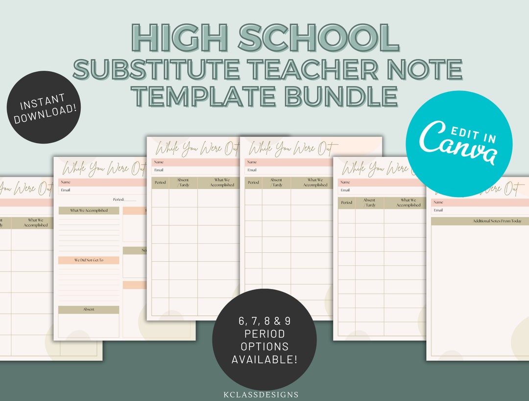 High School Substitute Teacher Note Bundle Middle School Cute Boho ...