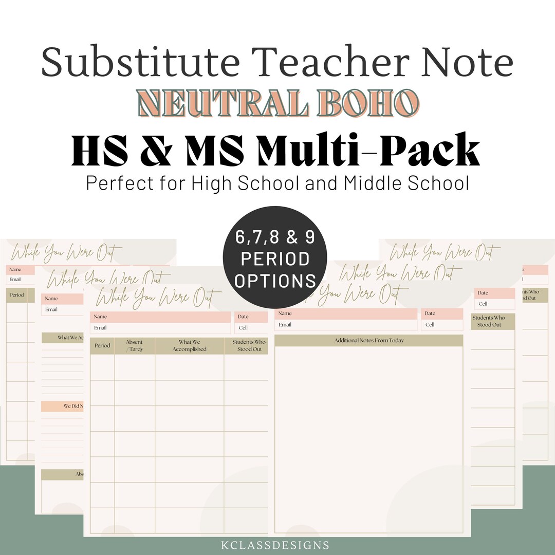 High School Substitute Teacher Note Bundle | Boho | Printable ...