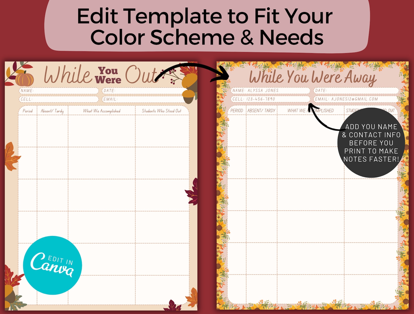 Fall High School Substitute Teacher Note Bundle | Middle School ...