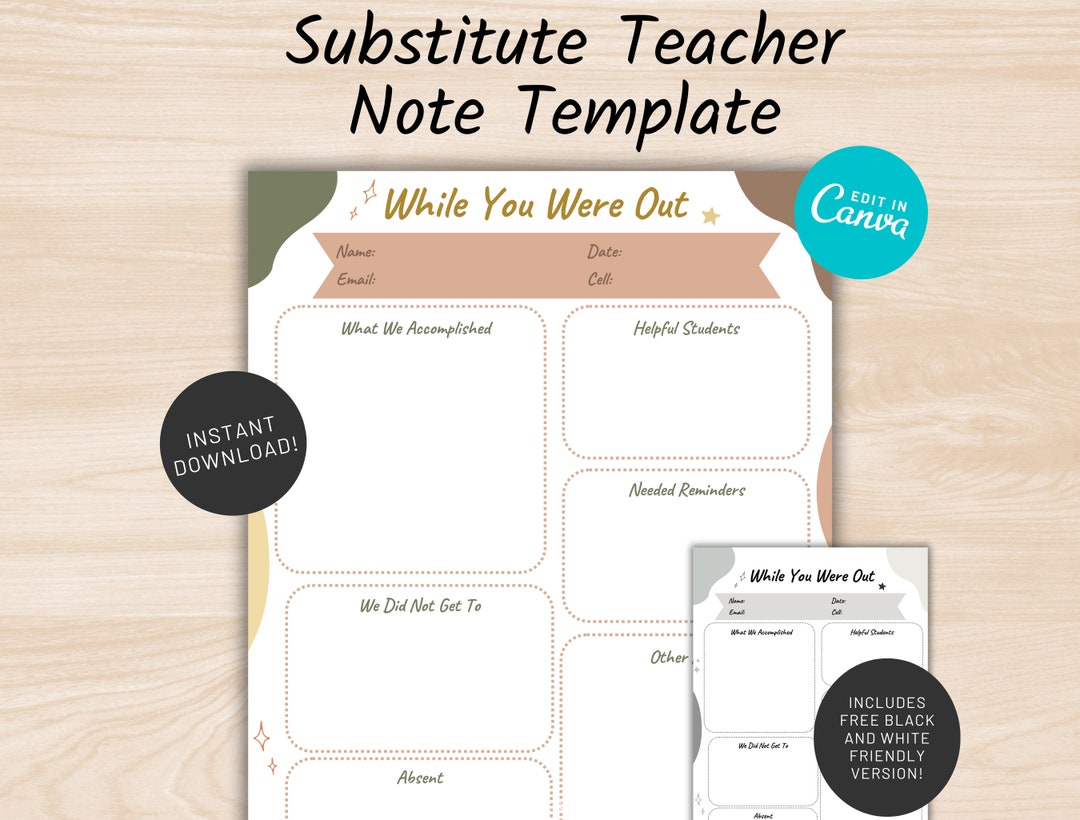 Boho Substitute Teacher Note Midcentury Modern Printable Substitute ...