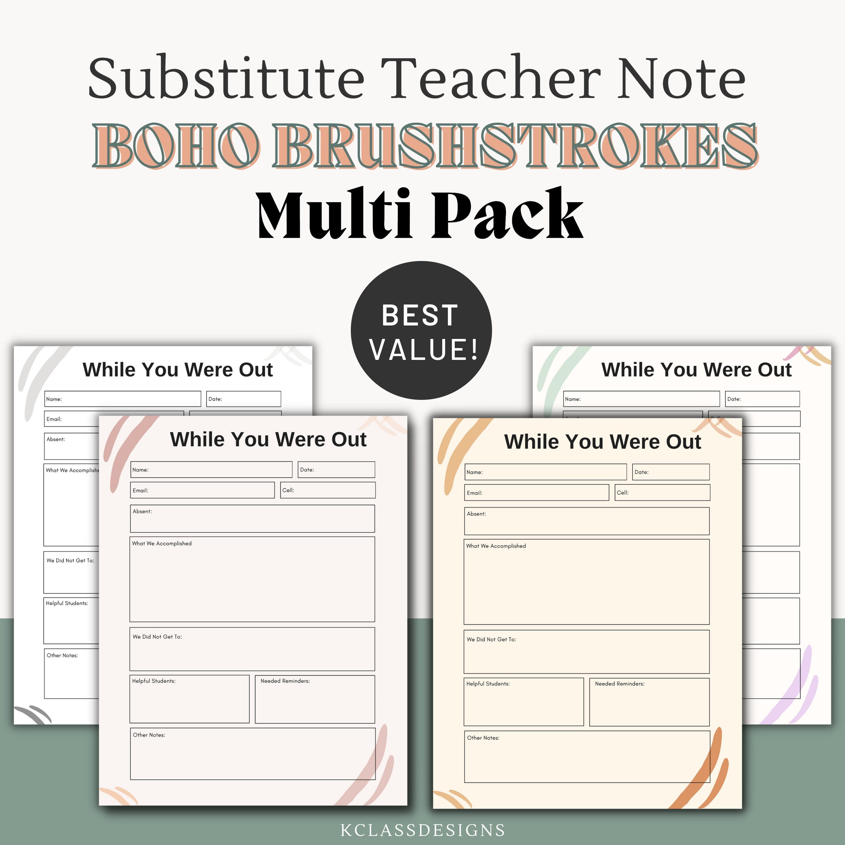 Substitute Teacher Note Multi Pack | Illustrative | Printable ...