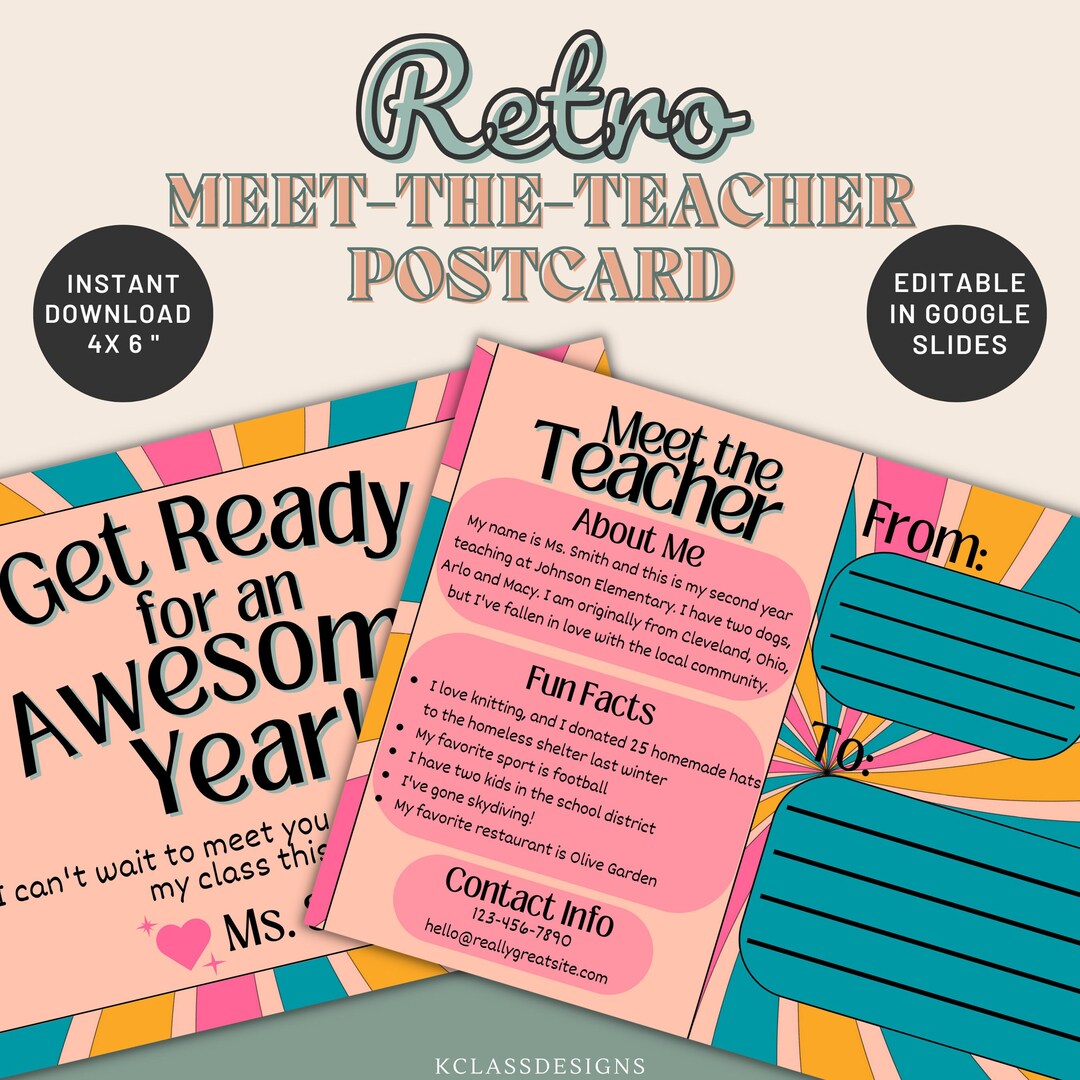 Meet the Teacher Postcard Editable Retro Pink Blue First Day of School ...