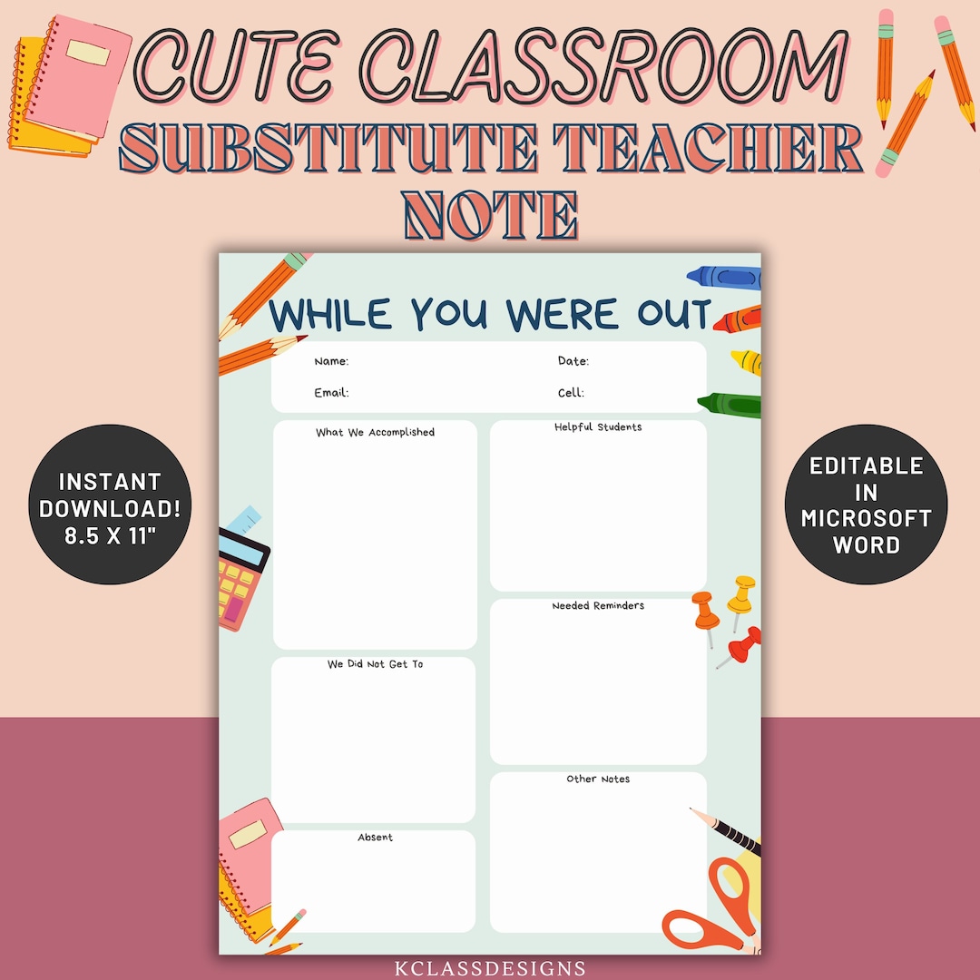 Substitute Teacher Note | Cute Classic Classroom | Printable ...