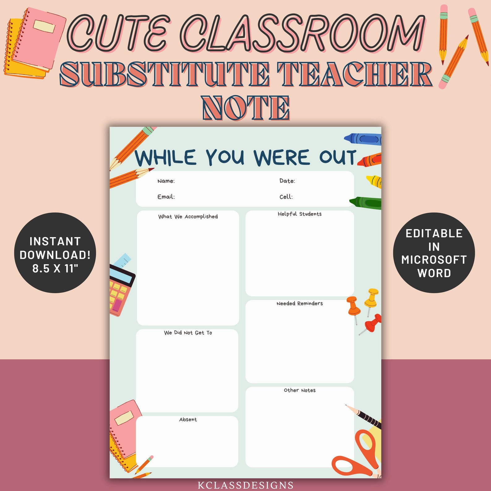 Substitute Teacher Note | Cute Classic Classroom | Printable ...