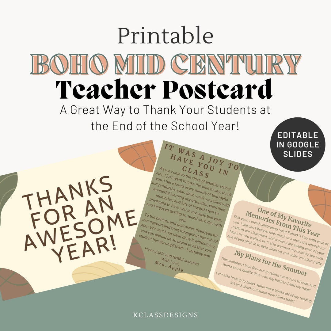 End of Year Teacher Postcard | Editable | Midcentury Modern | Boho ...