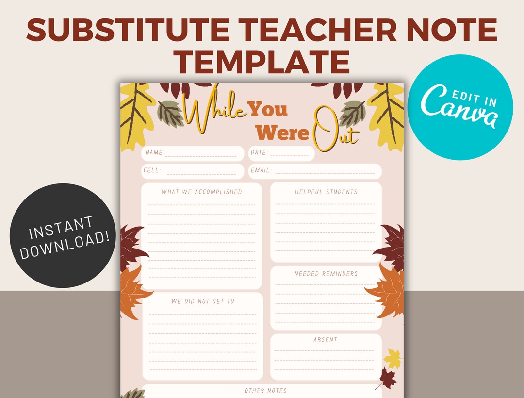 Editable Substitute Teacher Note | Fall Leaves | Autumn | Substitute ...
