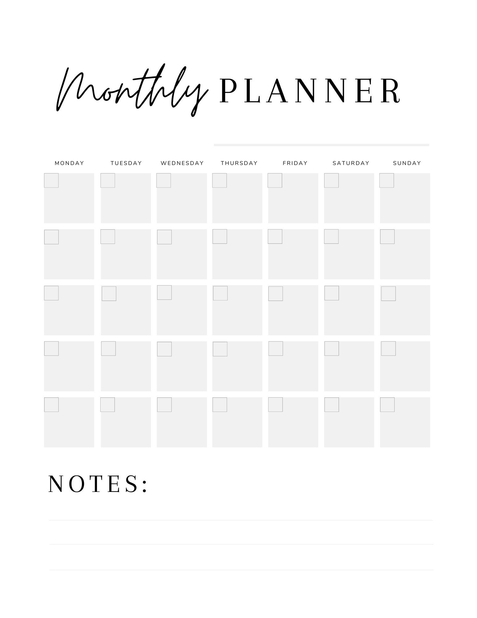 Monthly Planner, Digital Download, 1 Sheet, Black and White Digital ...