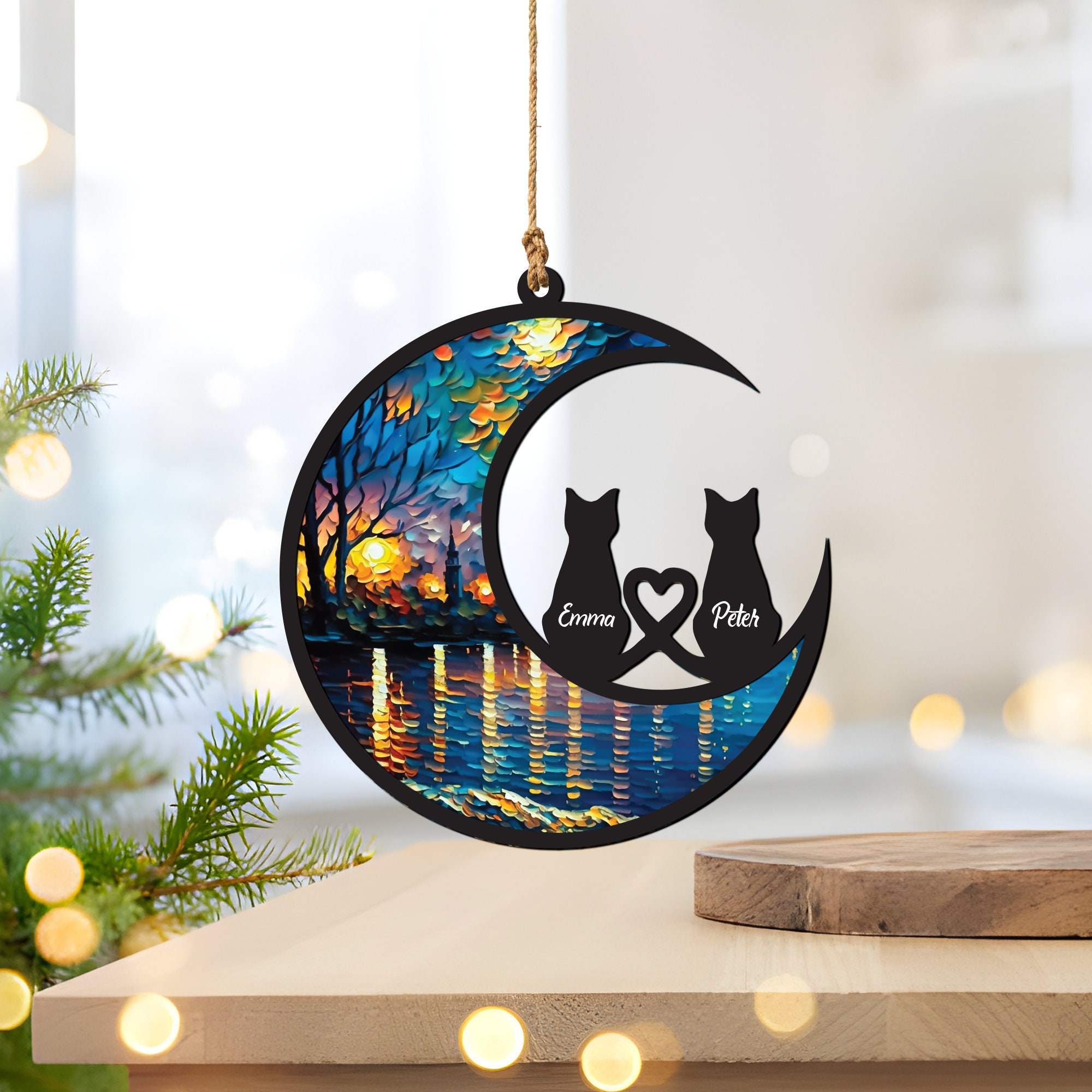 Personalized Couple Cat on Moon, Two Cat Suncatcher, Cat Memorial ...
