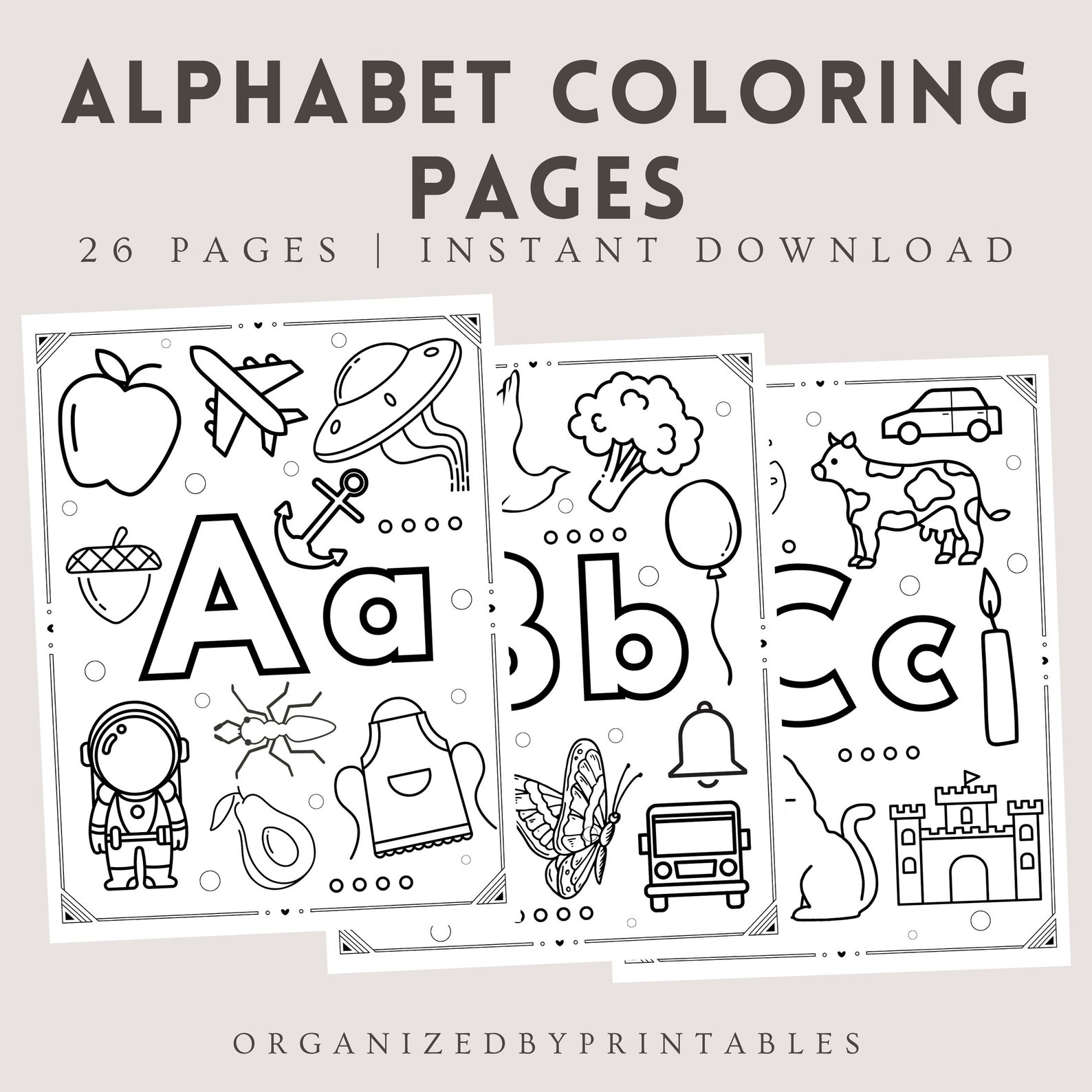 Alphabet Coloring Pages for Kids, 26 Page Set, Worksheets, ABC Learning ...