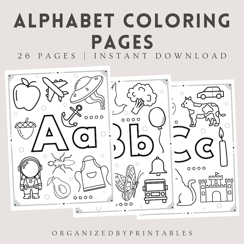 Alphabet Coloring Pages for Kids, 26 Page Set, Worksheets, ABC Learning ...