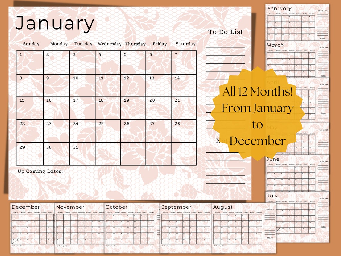 2023 Blank Calendar Printable Calendar Lace Calendar - Etsy