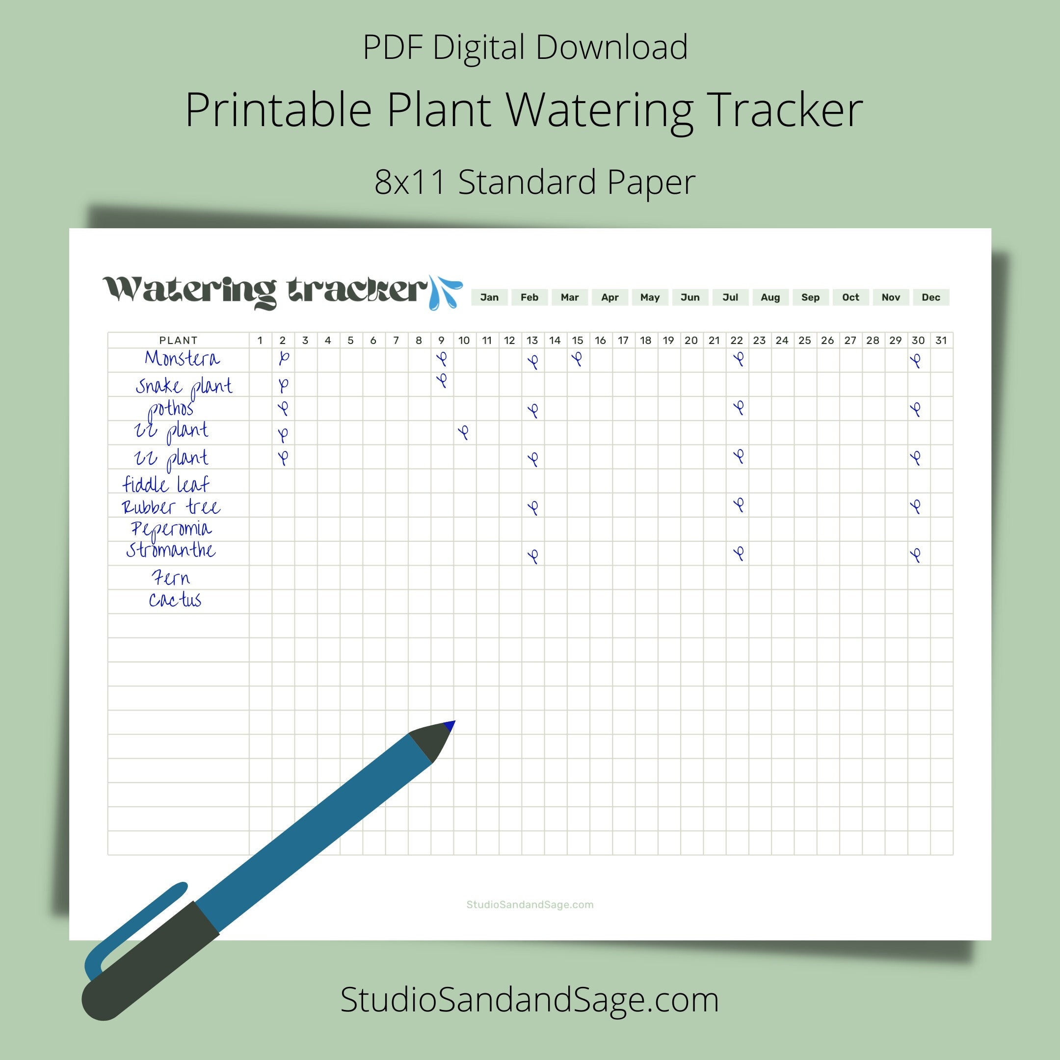 Monthly Watering Plant Care Sheet | Watering Tracker | Printable ...