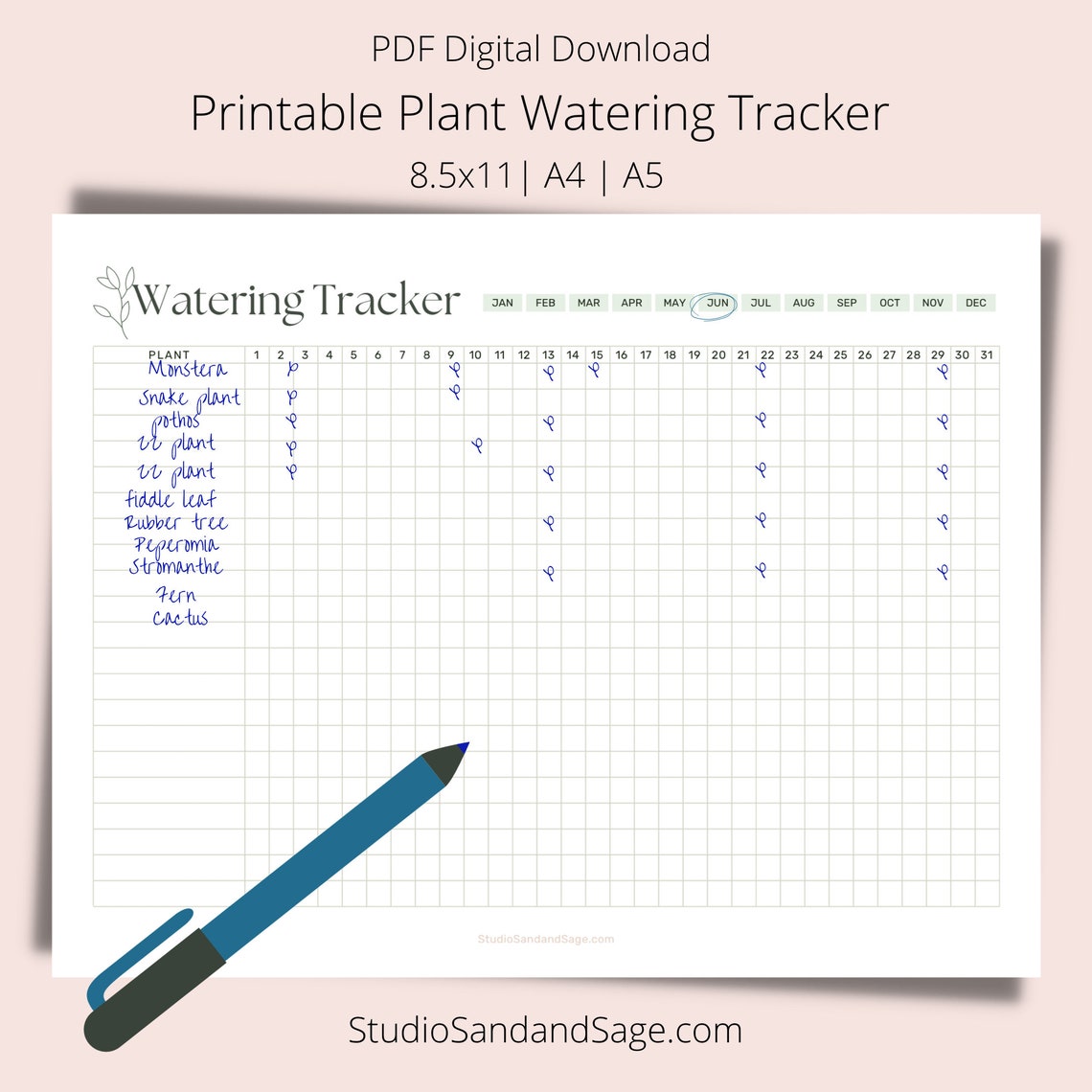 Monthly Watering Plant Care Sheet | Watering Tracker | Printable ...