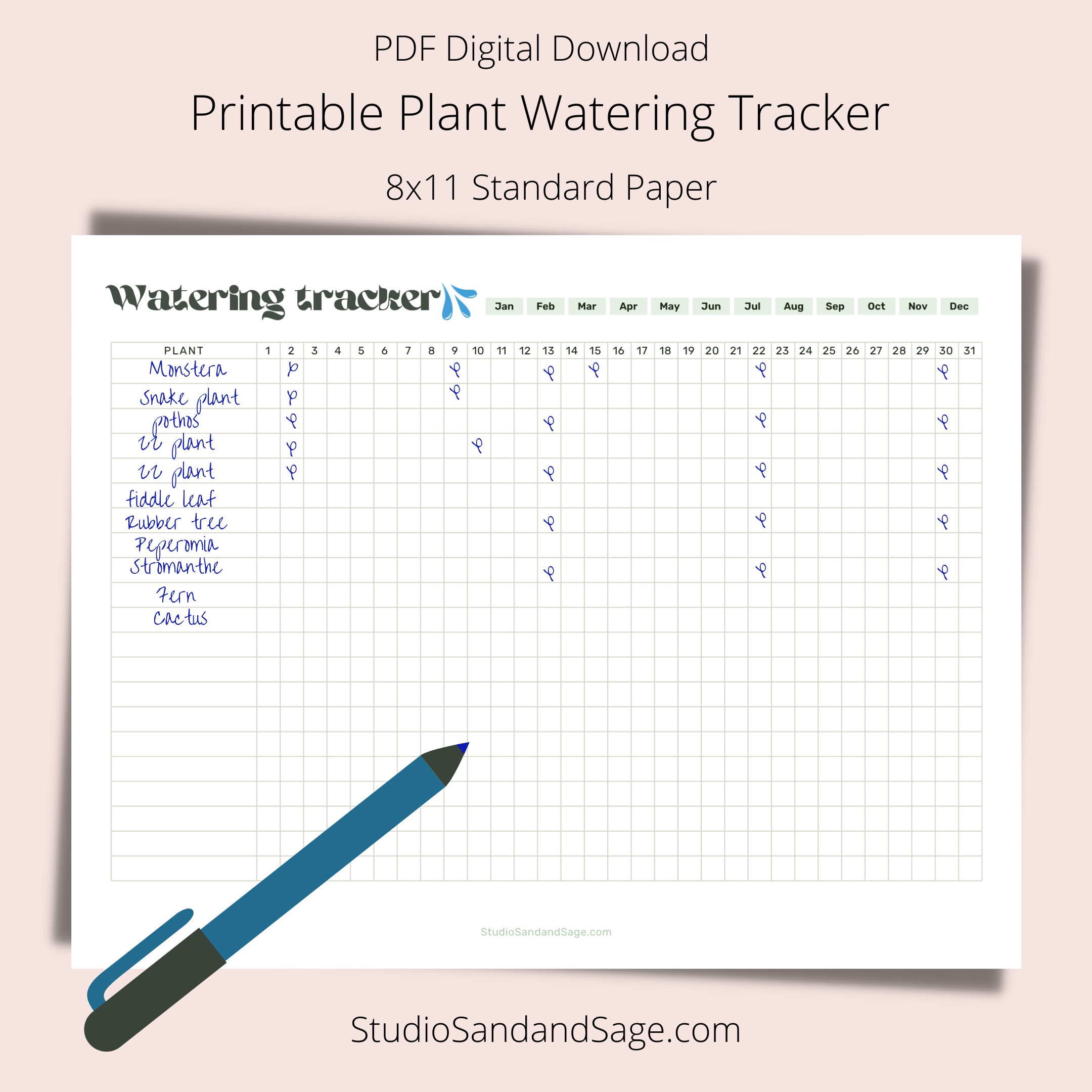 Monthly Watering Plant Care Sheet | Watering Tracker | Printable Digital Download - Etsy
