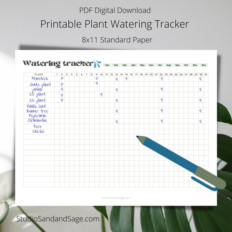 Monthly Watering Plant Care Sheet | Watering Tracker | Printable ...
