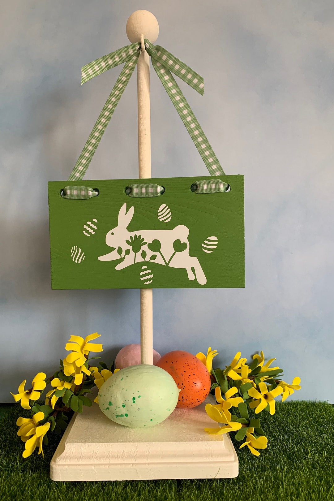 Easter Bunny Plaque, Easter Decor, Easter Hanging Sign, White and Green ...