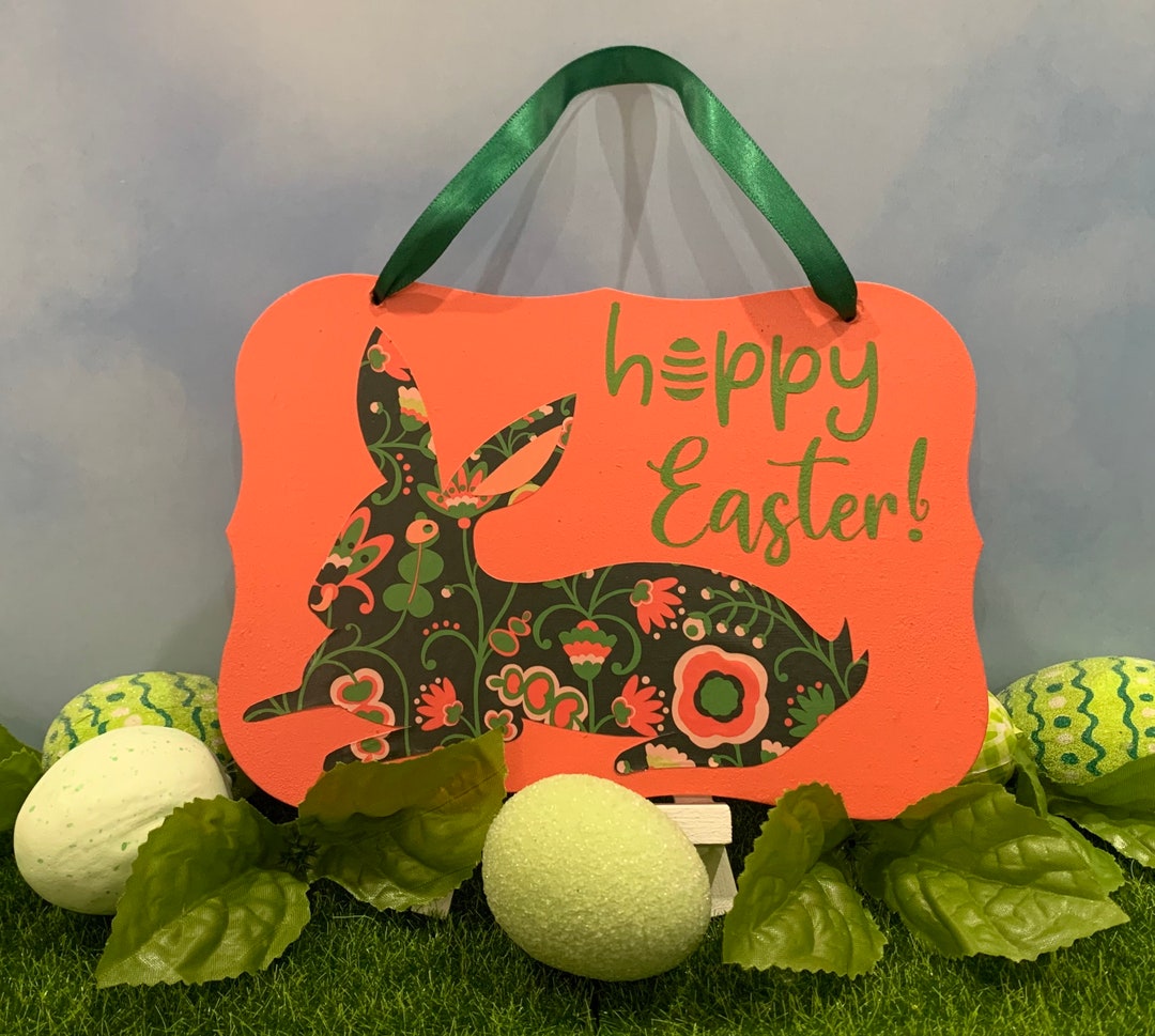 Easter Bunny Plaque, Easter Decor, Easter Hanging Sign, Pink and Green ...