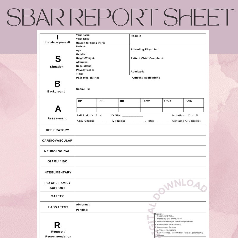 Sbar Nurse Report Sheet - Etsy