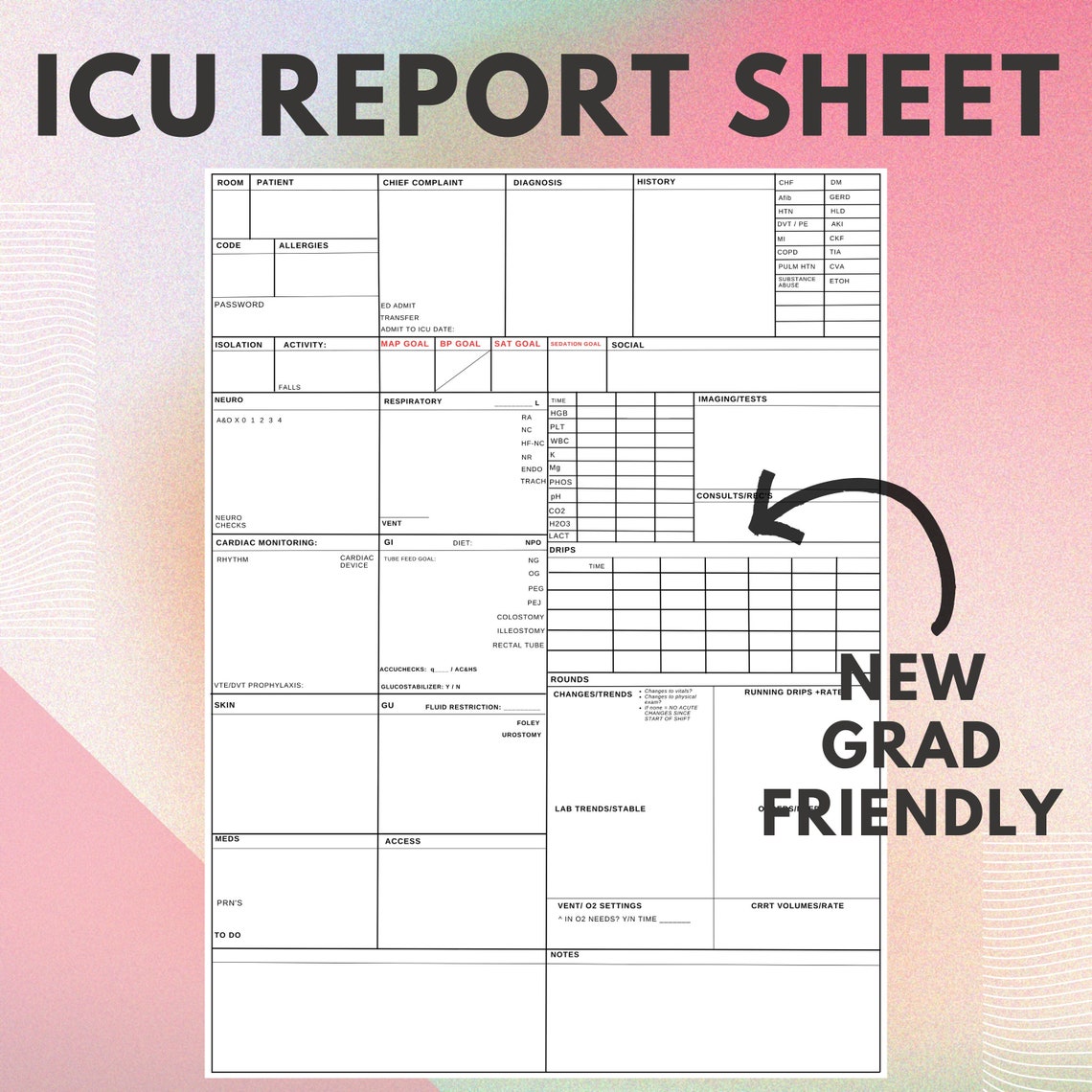 ICU Report Sheet, ICU Nurse, New Grad Report Sheet, New Grad Nurse ...
