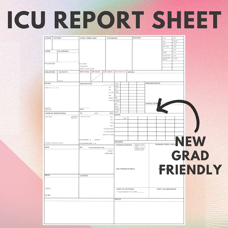 ICU Report Sheet, ICU Nurse, New Grad Report Sheet, New Grad Nurse ...