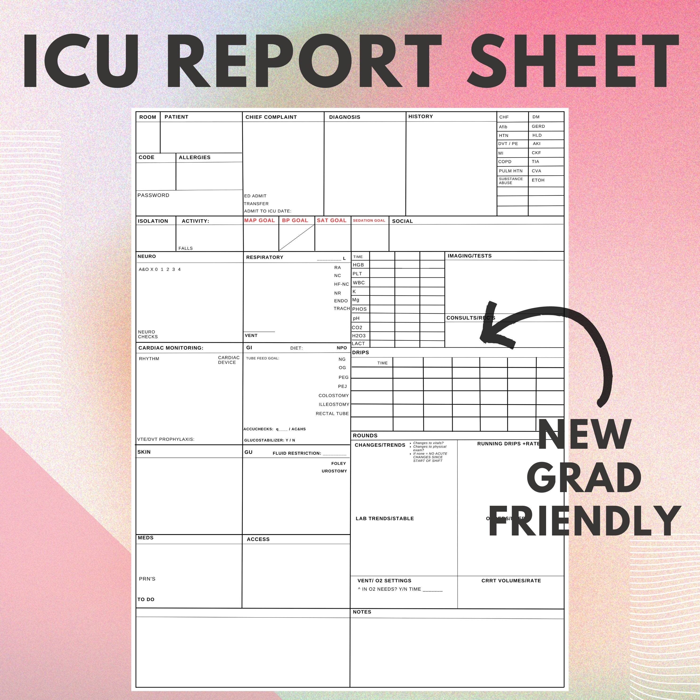 ICU Report Sheet, ICU Nurse, New Grad Report Sheet, New Grad Nurse ...