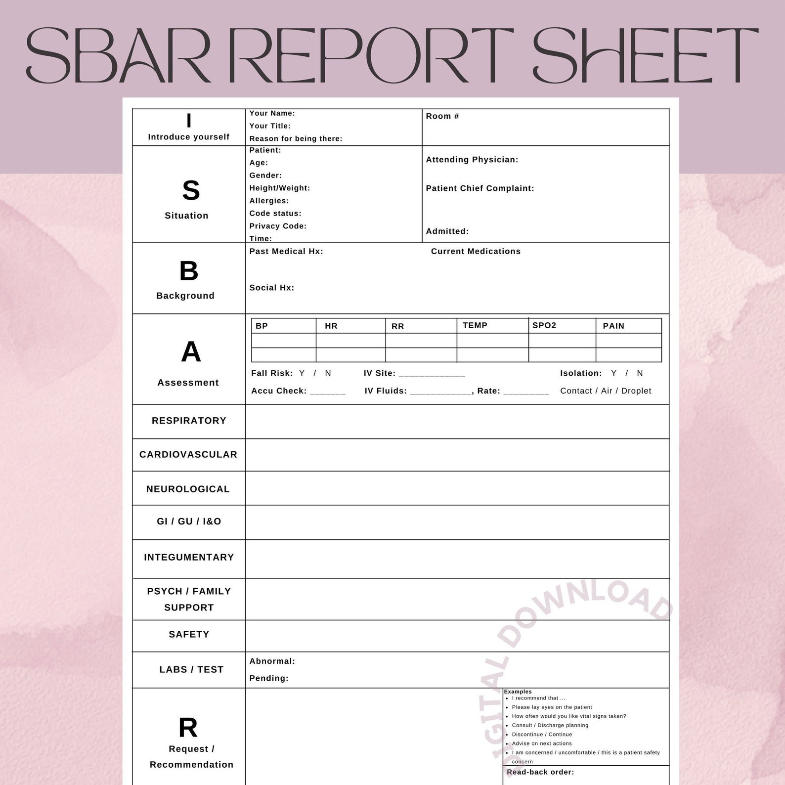 SBAR Report Sheet, Sbar Nurse Sheet, Nursing Report Sheet, Sbar Nursing ...