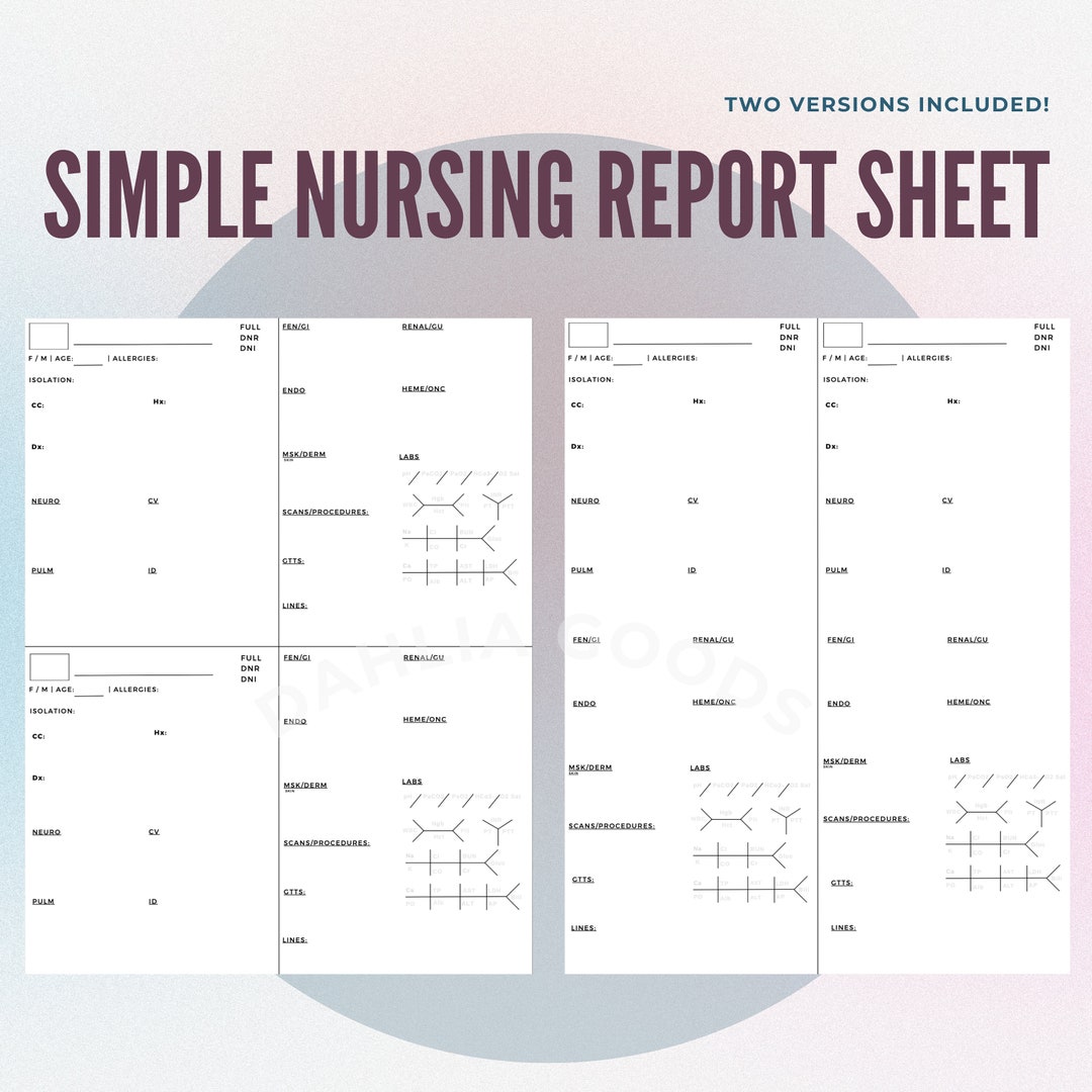 Nursing Report Sheet SIMPLE | ICU | Med Surg | - Etsy