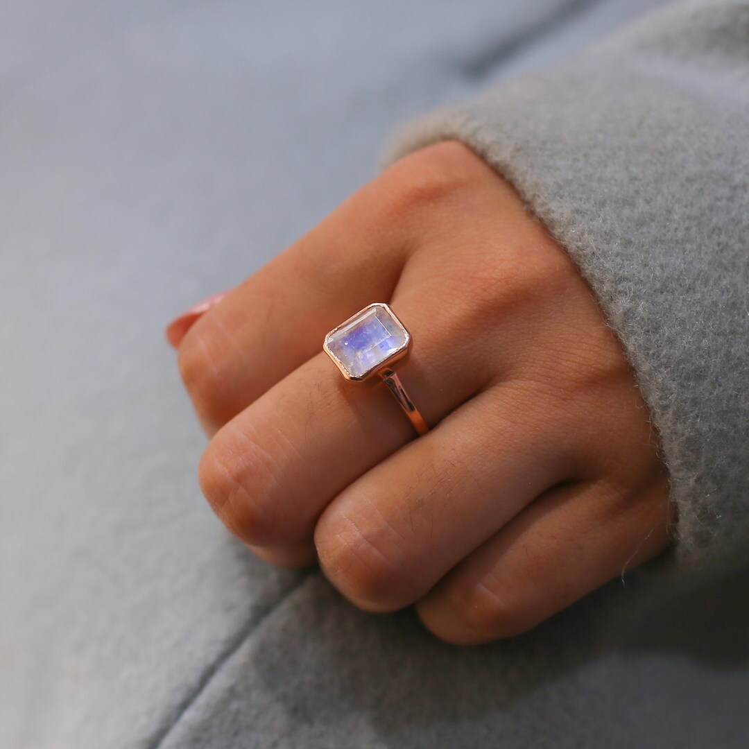 Emerald Cut Moonstone Ring, Raw Moonstone Cut Ring in Sterling Silver ...