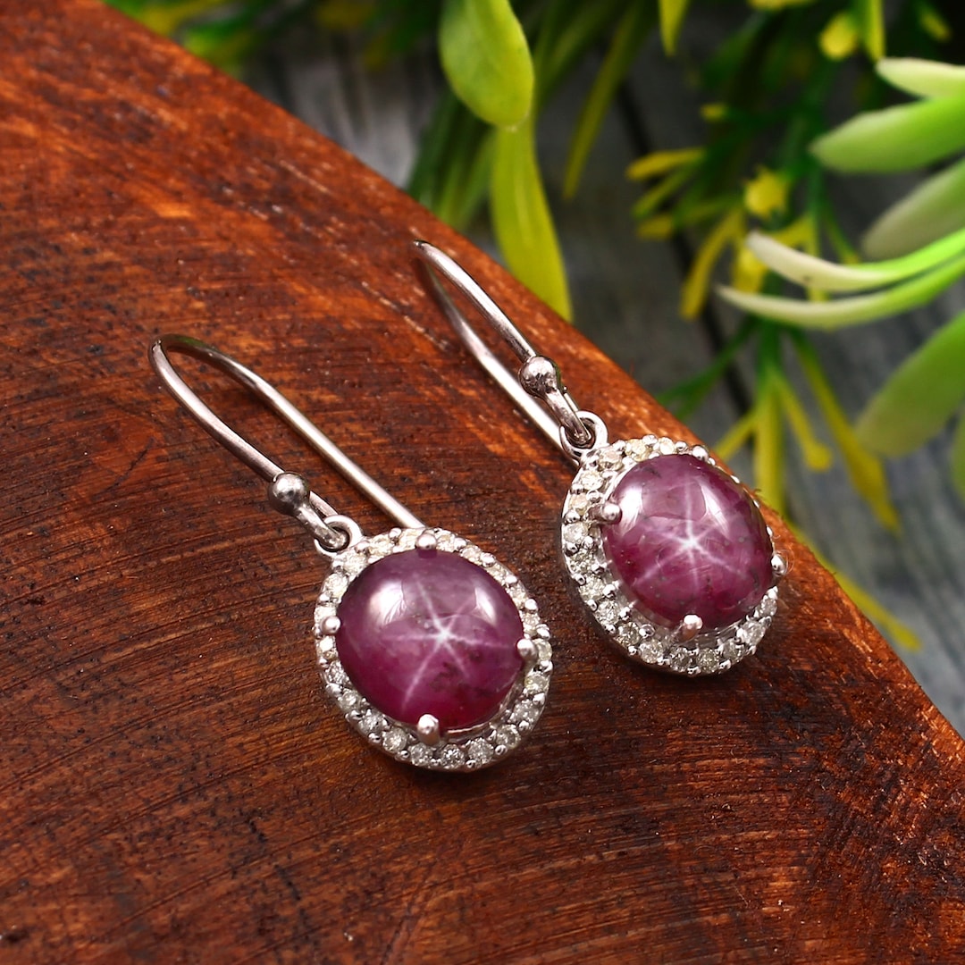 Natural Star Ruby Earrings With Diamonds Genuine Ruby - Etsy UK