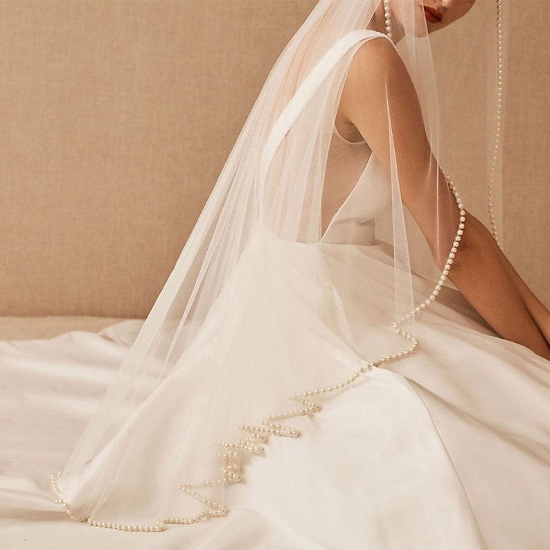 Simple Beaded Wedding Veil White Pearl Edge Veil Ivory - Etsy