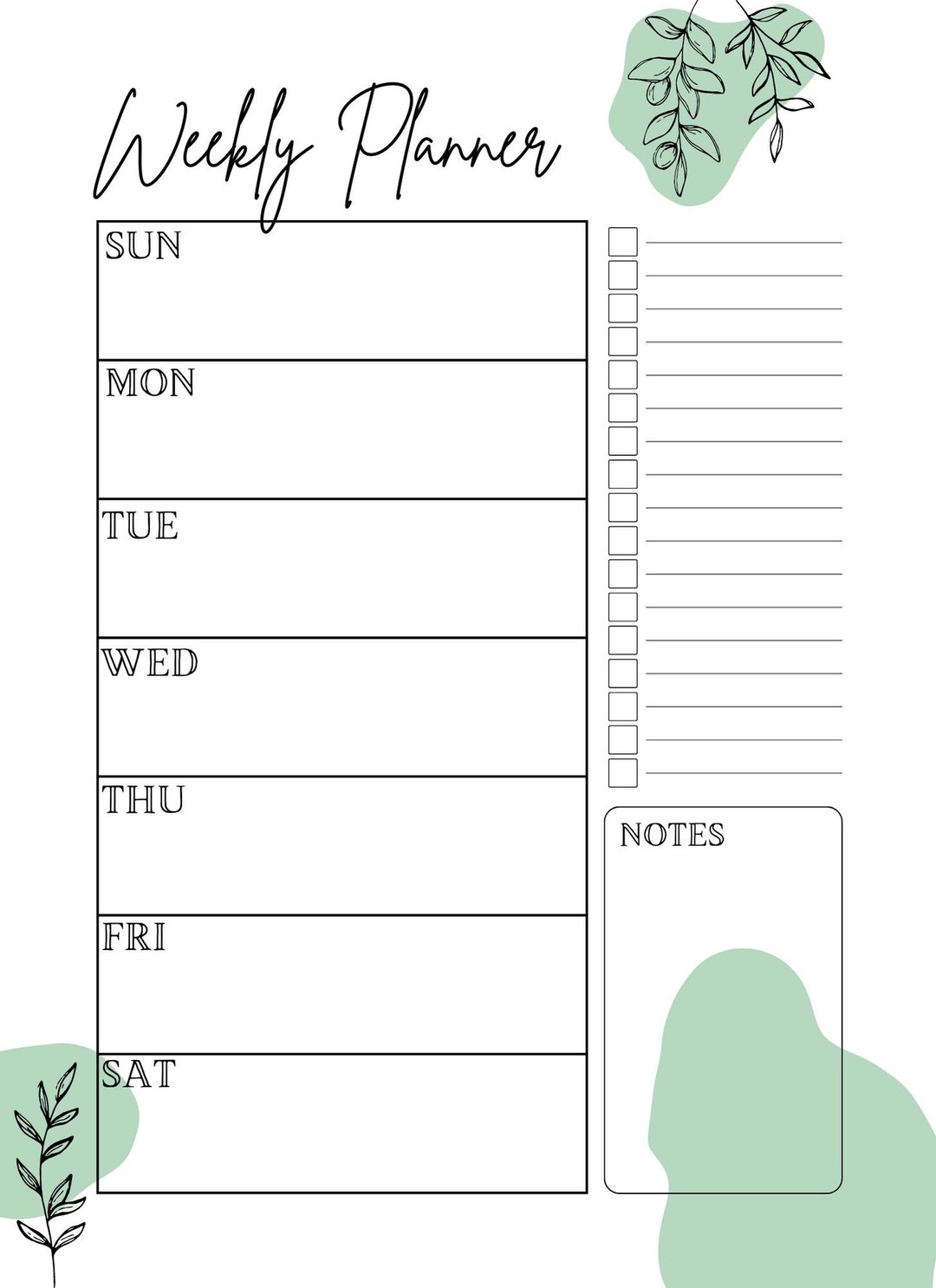 Printable Minimalist Botanical Weekly Planner Green Accent - Etsy