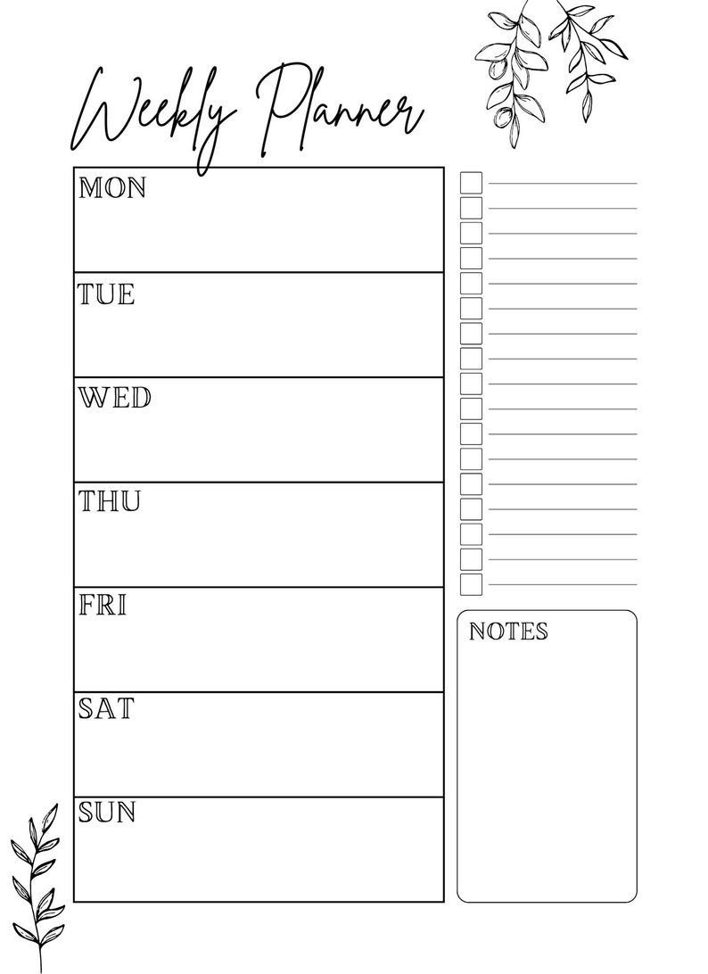Printable Minimalist Botanical Weekly Planner No Accent Color - Etsy