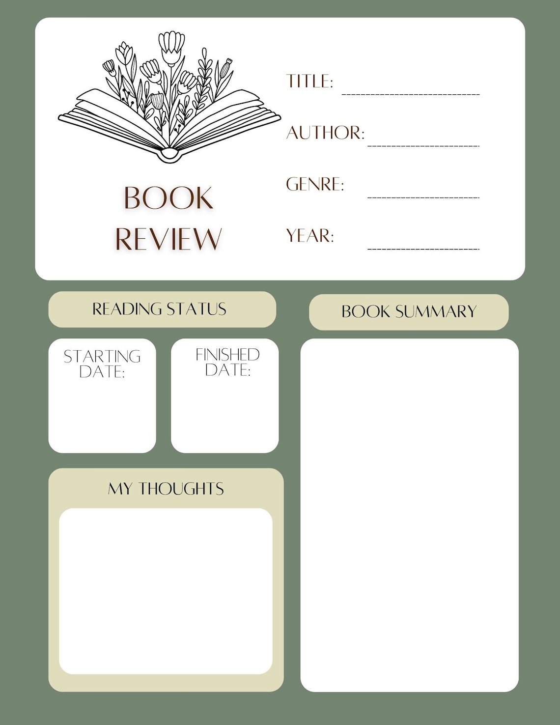 Book Review Template, Printable, Instant Download, Reading Log, Digital ...