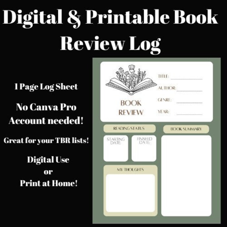 Book Review Template, Printable, Instant Download, Reading Log, Digital ...