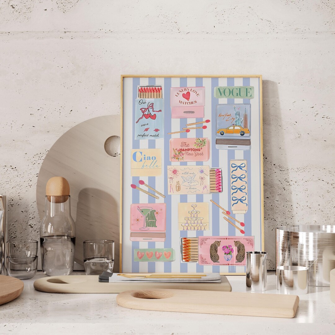 Matchbox Print, Striped Pastel Blue & Pink Vintage Matchbox Print ...