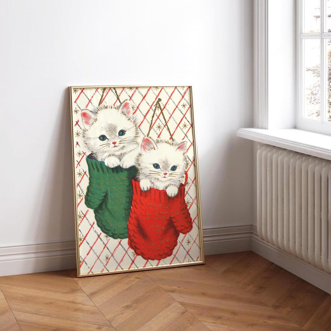 Christmas Cat Print Vintage Festive Wall Art, Holiday Poster, Retro ...