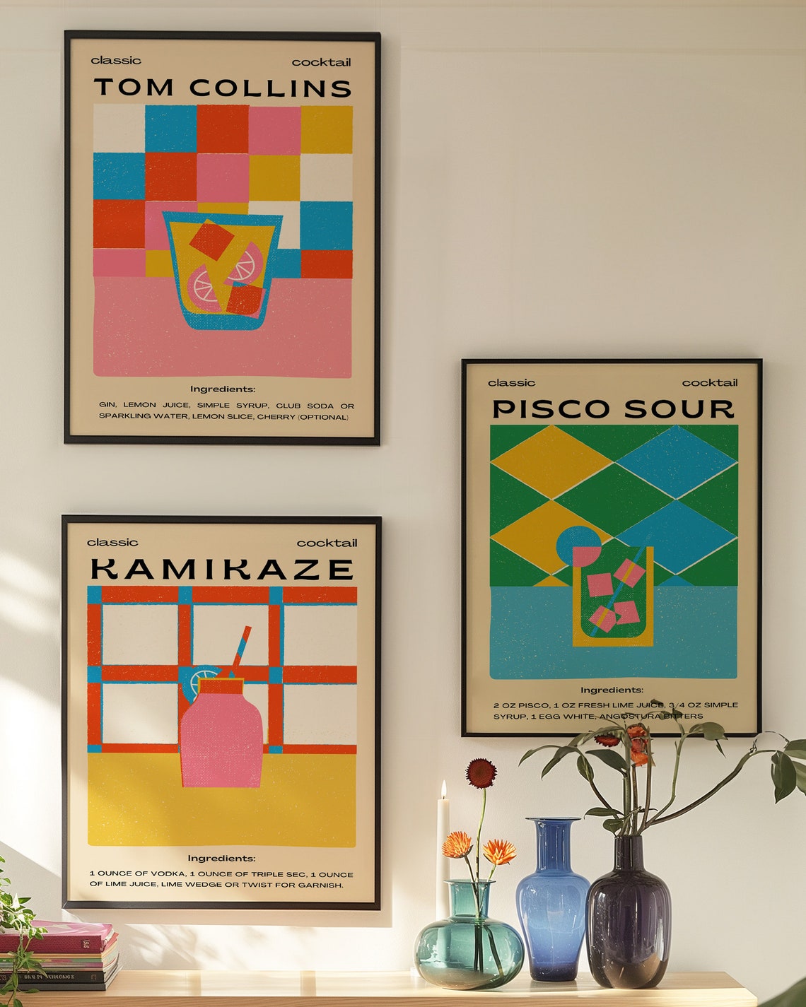 Cocktail Poster Set, Alcohol Prints Colorful, Vintage Classic Drinks ...