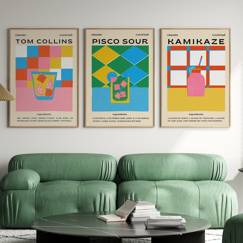 Cocktail Poster Set, Alcohol Prints Colorful, Vintage Classic Drinks ...