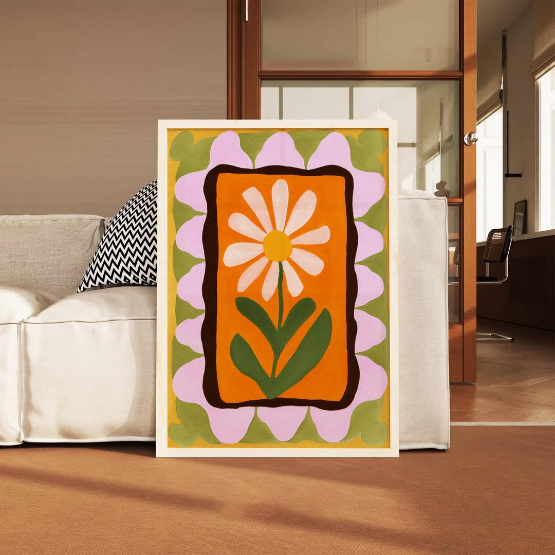 Retro Daisy Flower Wall Art Print, Bold Orange and Pink Floral Decor ...