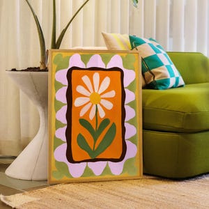 Retro Daisy Flower Wall Art Print, Bold Orange and Pink Floral Decor ...