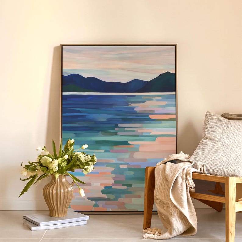 Abstract Ocean Sunset Canvas Wall Art – Modern Coastal Canvas in Blue ...