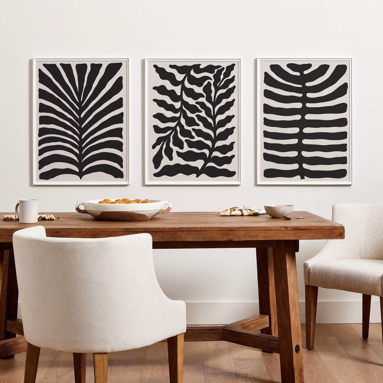 Modern Black and White Leaf Wall Art Set of 3 Minimalist Botanical ...