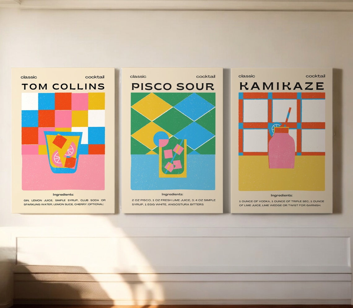 Cocktail Poster Set, Alcohol Prints Colorful, Vintage Classic Drinks ...